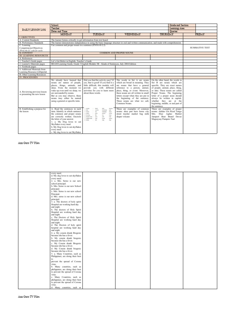 Grade 3 English Lesson Plan | PDF | Learning | Noun