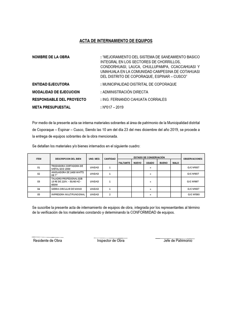 Acta de Internamiento de Equipos | PDF