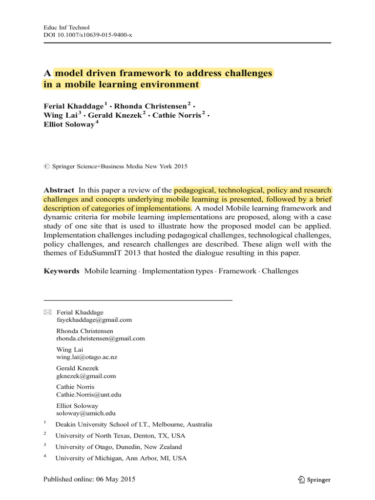 A Model Driven Framework To Address Challenges In A Mobile Learning Enviroment Pdf Mobile