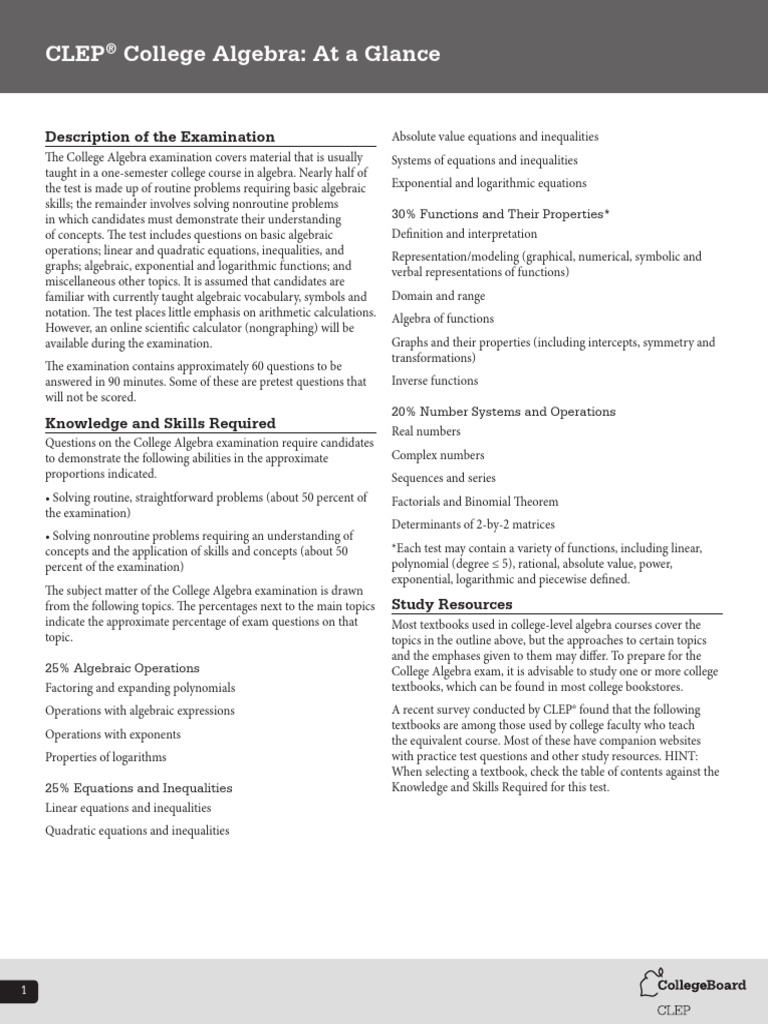 CLEP College Algebra Exam Overview | PDF | Function (Mathematics ...