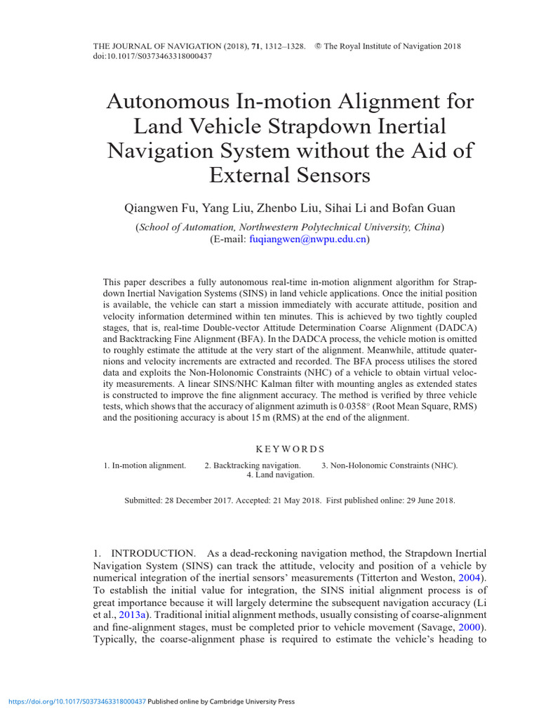 Autonomous in Motion Alignment For Land Vehicle Strapdown Inertial Navigation System Without The ...