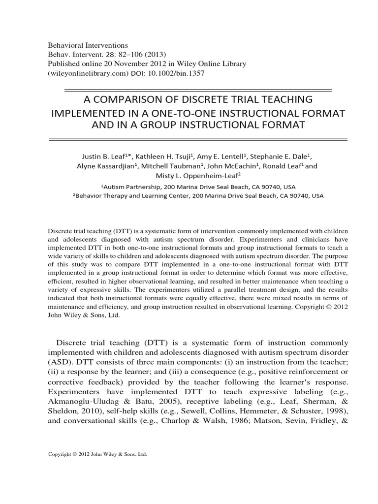 A Comparison of Discrete Trial Teaching Implemented in A One-To-One ...
