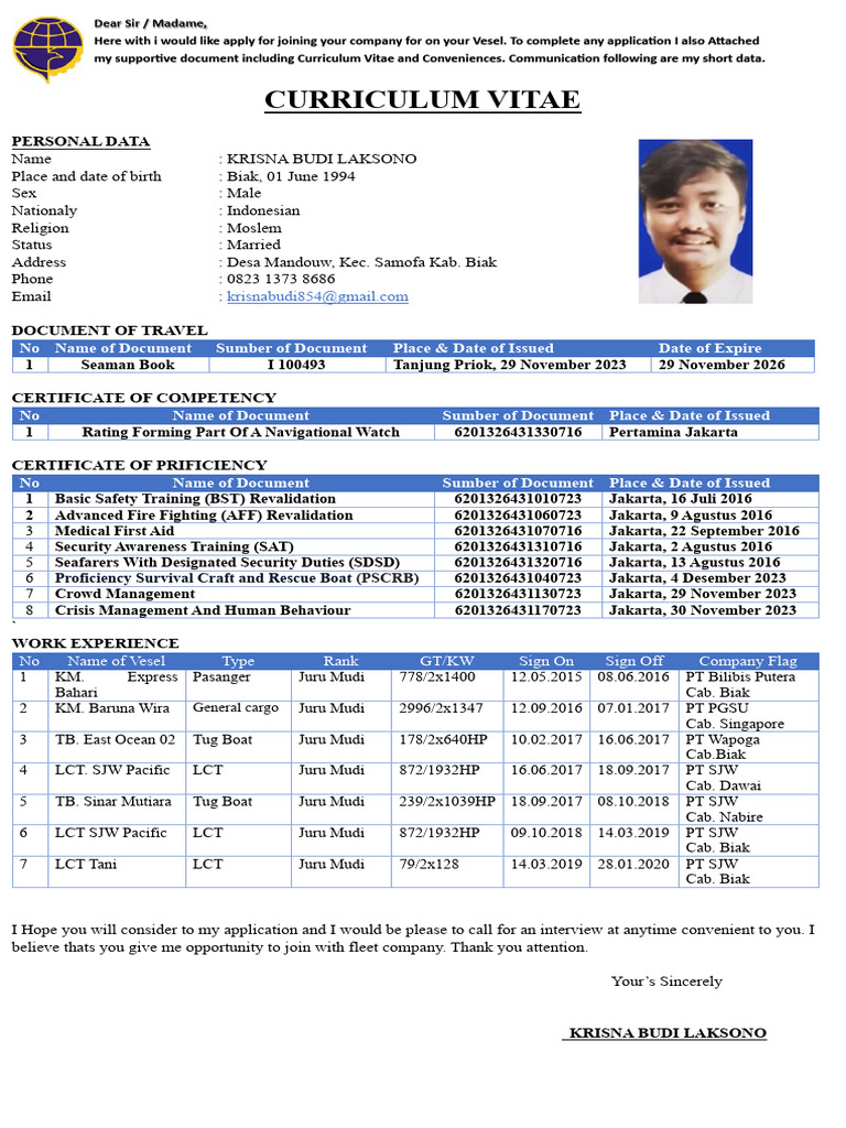 Curriculum Vitae Krisna PDF | PDF | Water Transport | Shipping