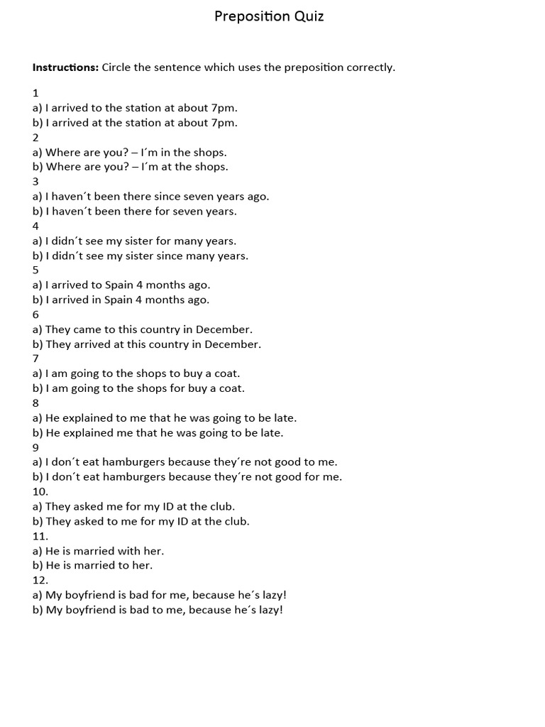Preposition Quiz | PDF | Self-Improvement