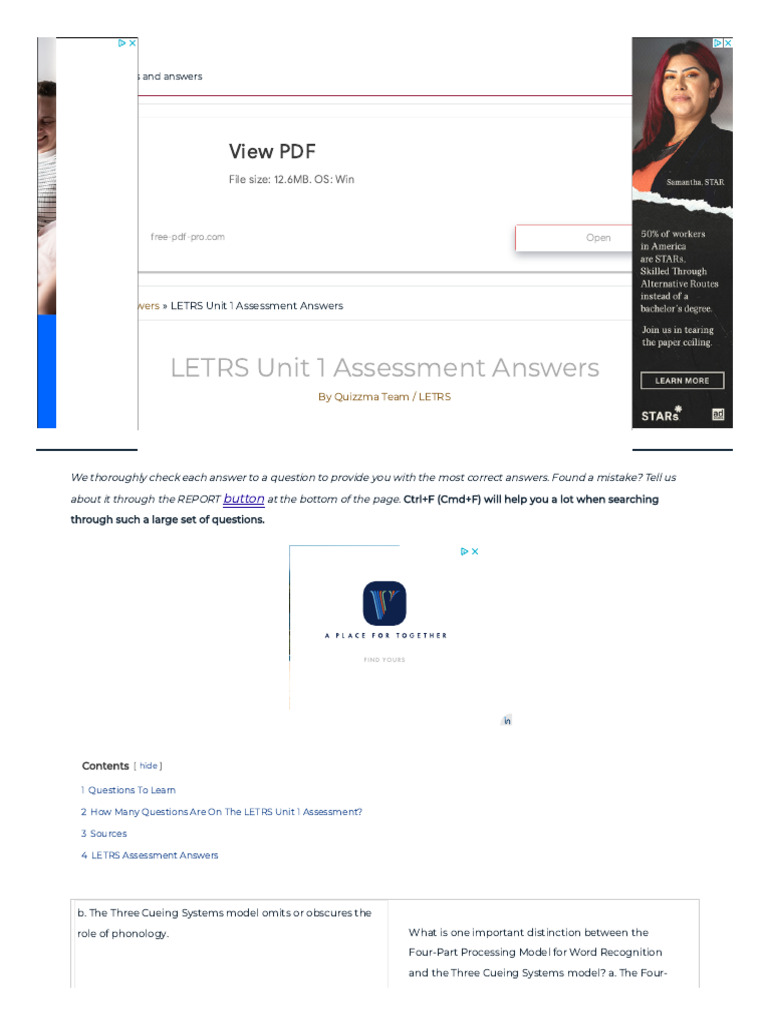 LETRS Unit 1 Assessment Answers Quizzma | PDF