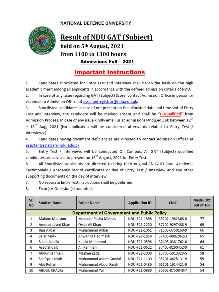 GAT (S) - Result-Website NDU | PDF