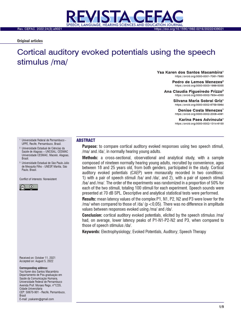 Cortical Auditory Evoked Potentials Using The Speech Stimulus /ma | PDF