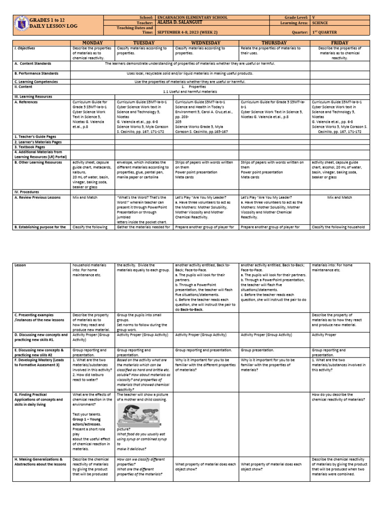 DLL - Science 5 - Q1 - W2 | PDF