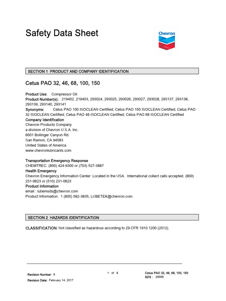 SDS_CH CETUS PAO SERIES_32_46_68_100_150 | PDF