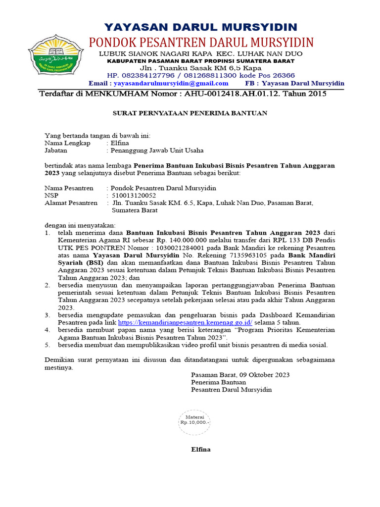 Surat Pernyataan Penerima Bantuan Inkubasi 2023 | PDF