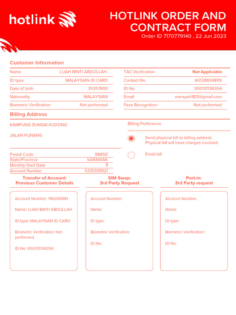Hotlink Order and Contract Form: Customer Information | PDF