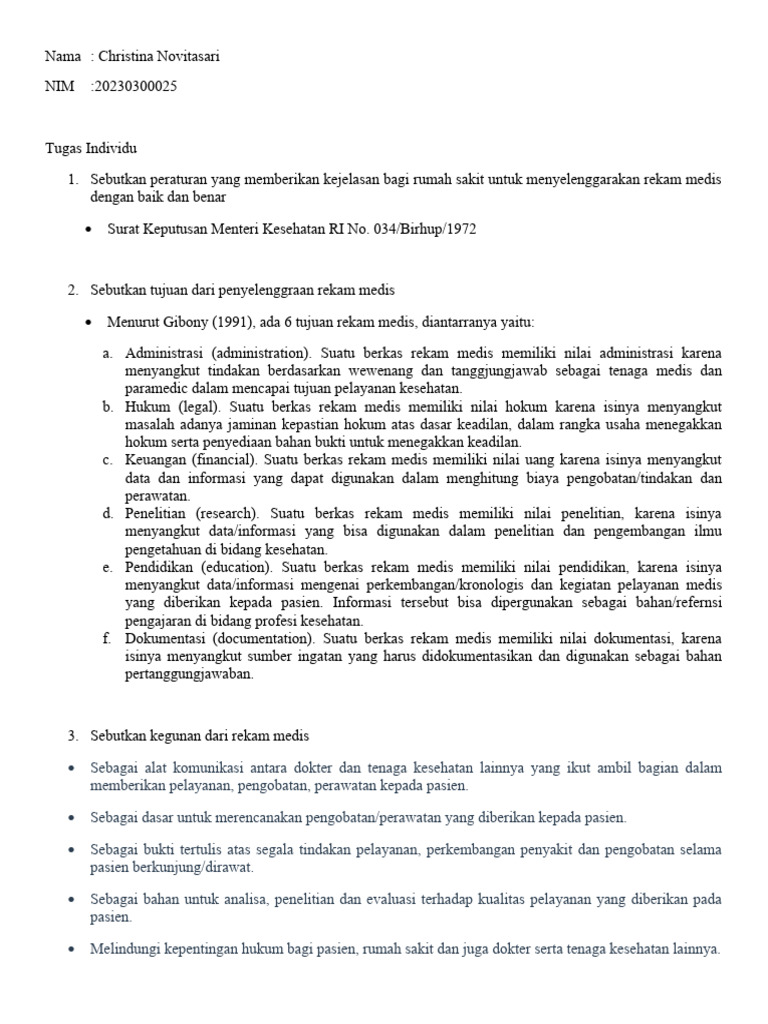Christina - 202303000025 - Tugas 01 Konsep Dasar Rekam Medis | PDF Christina - 202303000025 - Tugas 01 Konsep Dasar Rekam Medis | PDF