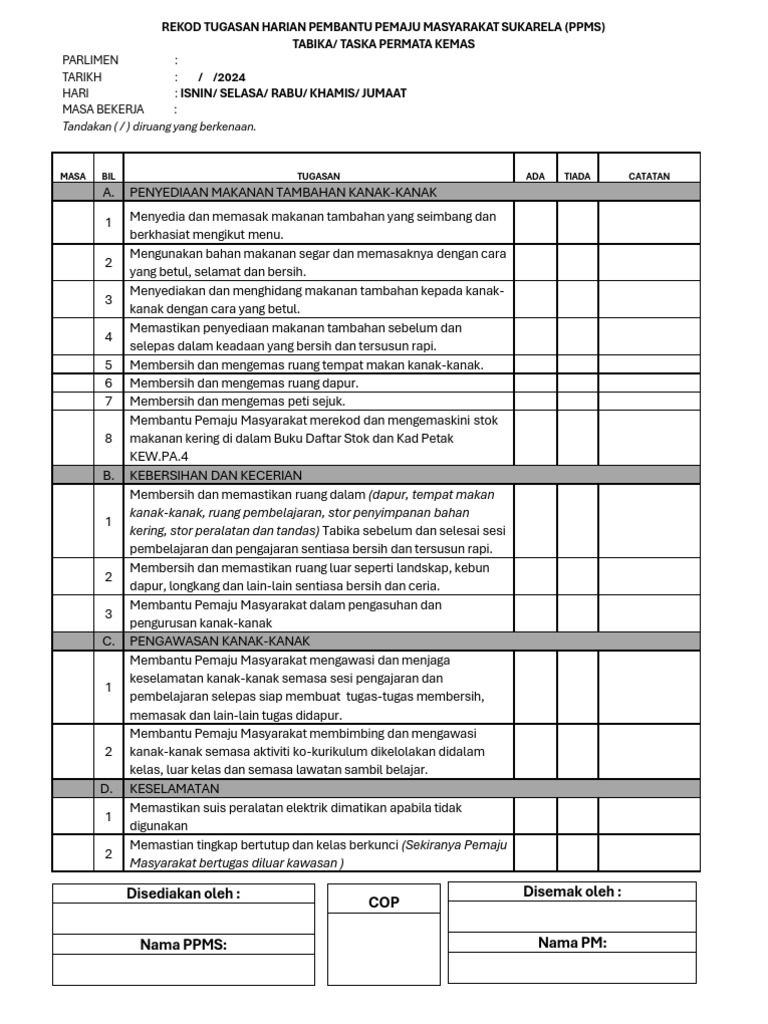 Tugas Harian PPMS Tabika KEMAS | PDF