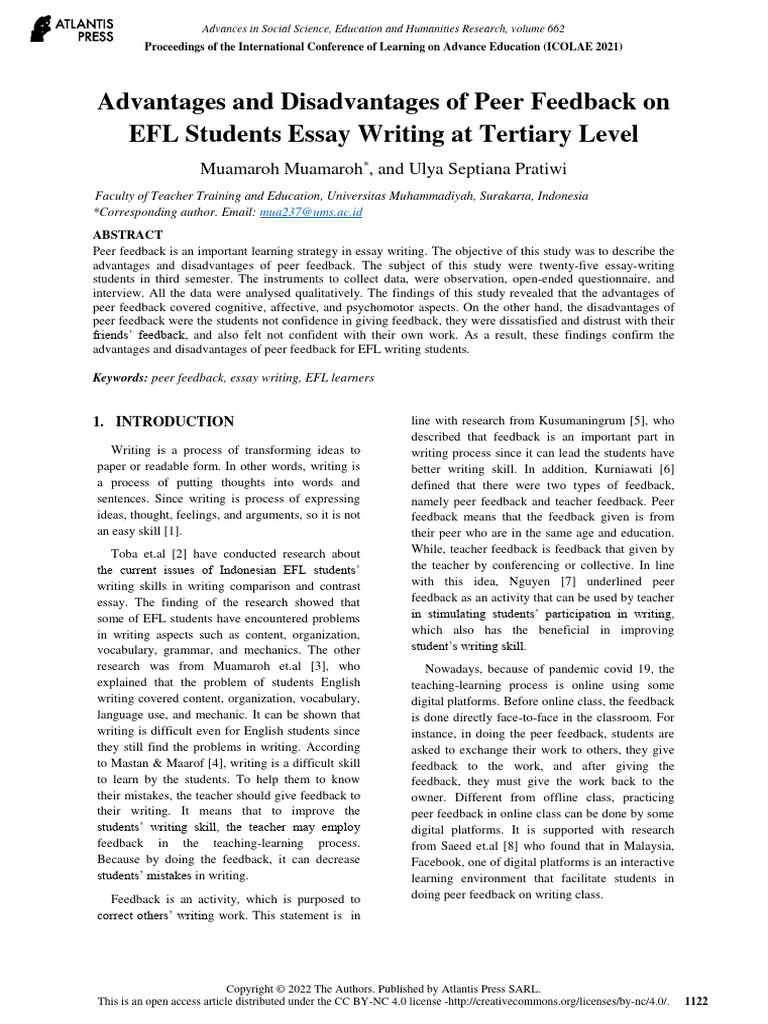 Advantages and Disadvantages of Peer Feedback On EFL Students Essay ...