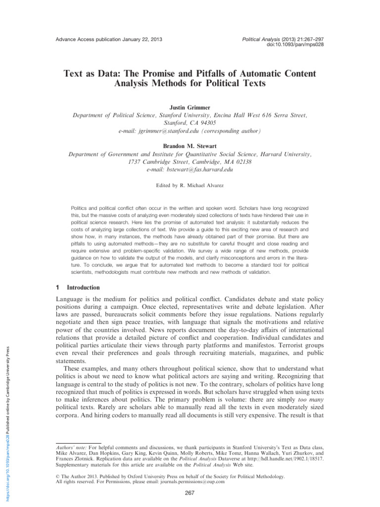 Text As Data The Promise and Pitfalls of Automatic Content Analysis Methods For Political Texts ...