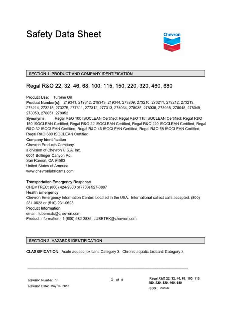 Chevron Regal Rando Oil Safety Data Sheet Pdf