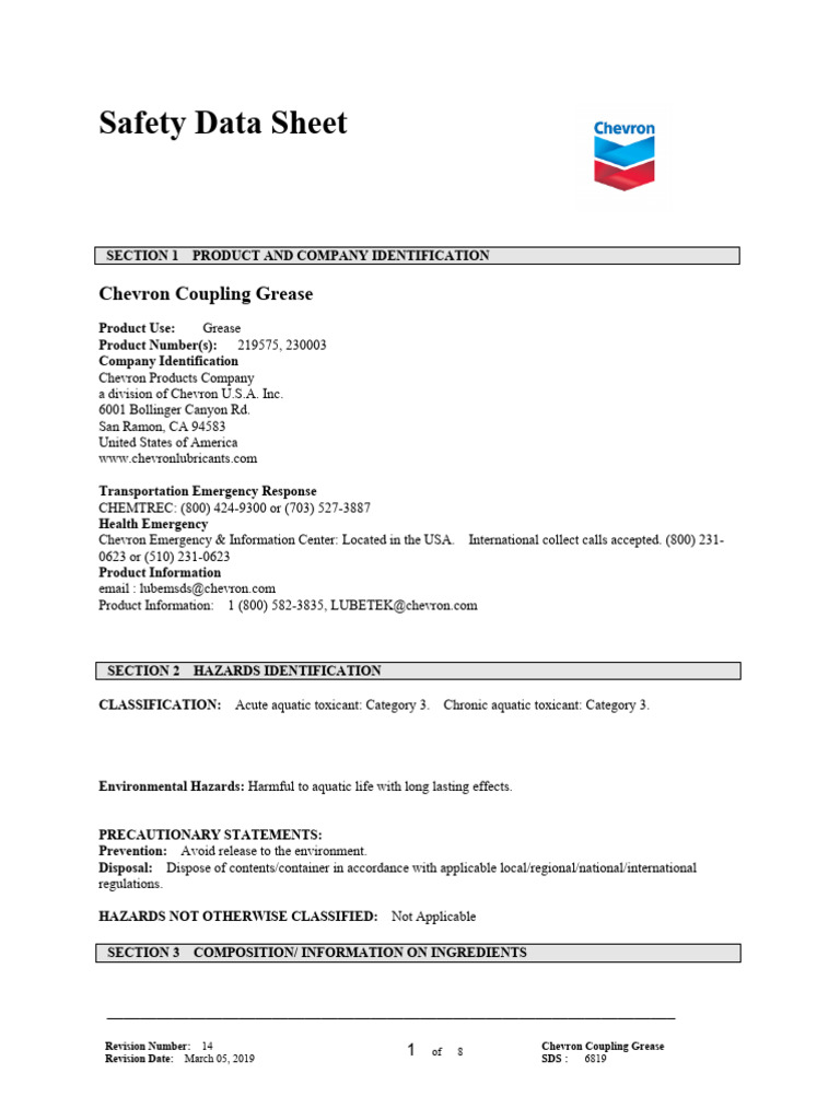 SDS - Chevron Coupling Grease | PDF