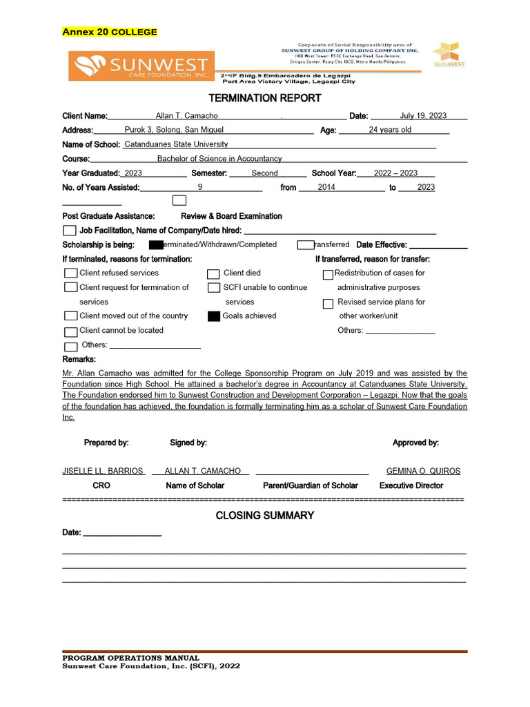Termination Report Allan Camacho | PDF