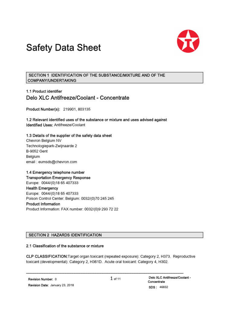 Delo XLC Antifreeze Safety Data | PDF | Chemistry | Occupational Safety ...