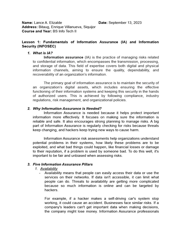 Lesson 1 Fundamentals of Information Assurance (IA) and Information ...