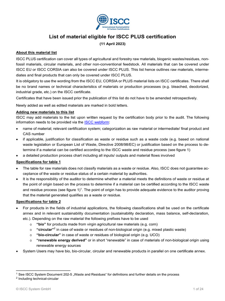 ISCC PLUS Material List 230411 Final-1 | PDF | Plastic | Amine