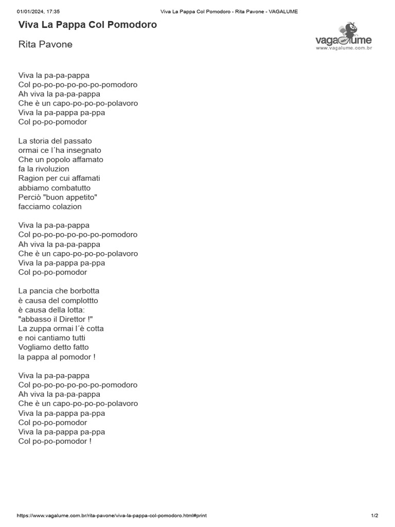 Viva La Pappa Col Pomodoro - Rita Pavone | PDF