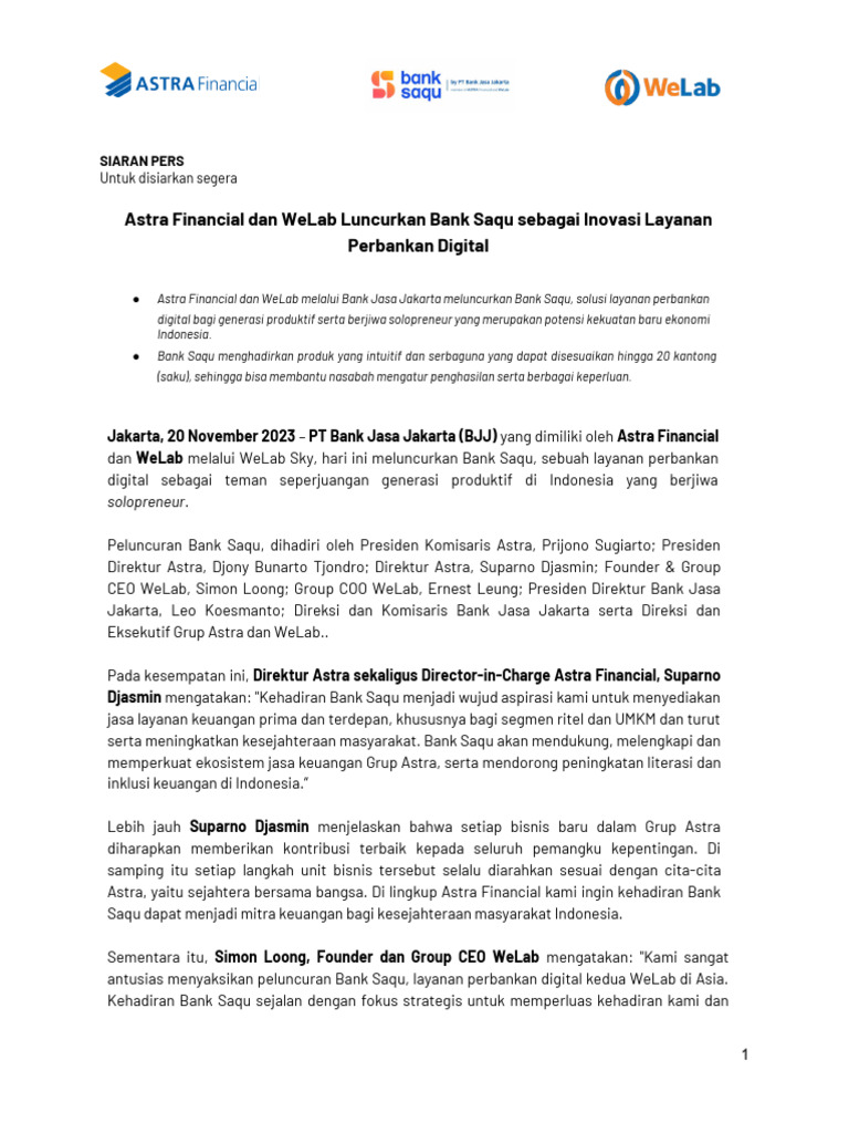 (IND) Siaran Pers - Astra Financial Dan WeLab Luncurkan Bank Saqu Sebagai Inovasi Layanan ...