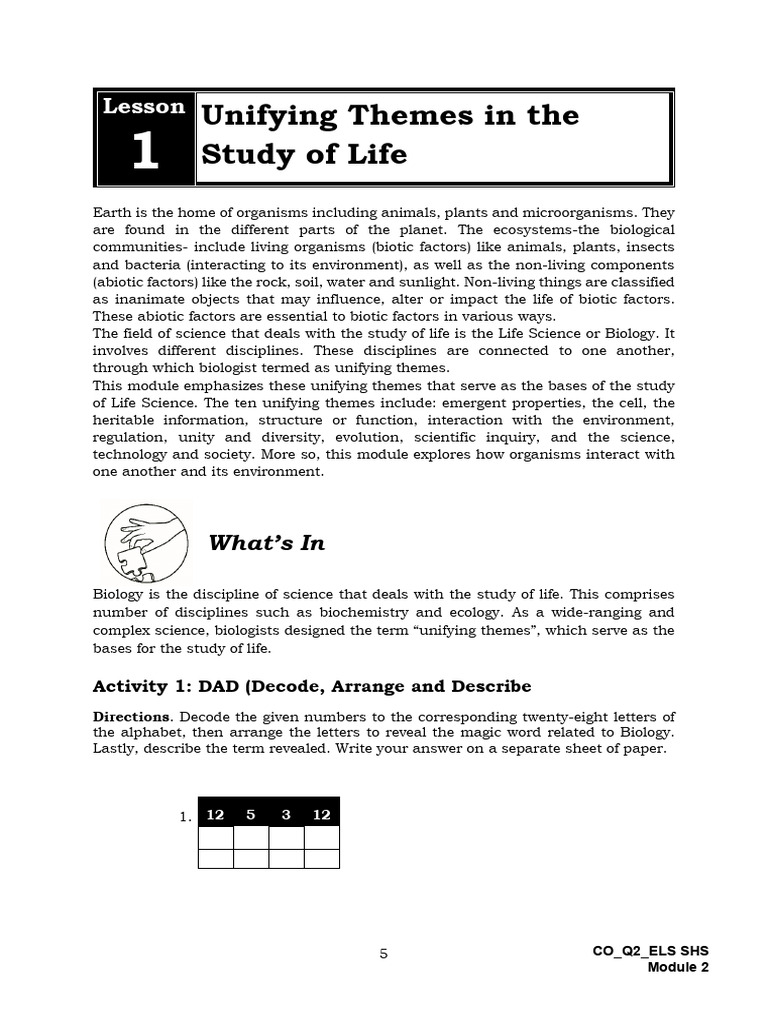 ELS - Q2 - Module 2 - Unifying Themes in The Study of Life - v2 | PDF | Life | Organisms