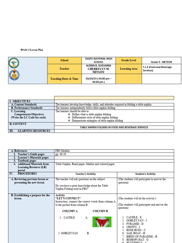 TABLE NAPKIN FOLDS (LESSON PLAN) Soc Lab | PDF | Learning | Lesson Plan