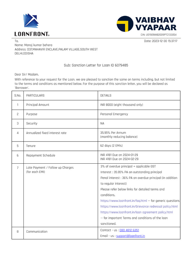 Loan Sanction Letter | PDF