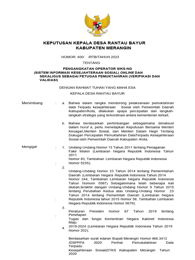 SK Ppenunjukan Operator SIKS NG Sekaligus Petugas Verval DTKS | PDF