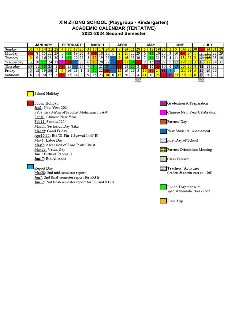 Kalender Akademik 2023-2024 Semester 2 (PG TK) - Parents | PDF
