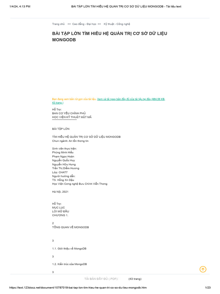 BÀI TẬP LỚN TÌM HIỂU HỆ QUẢN TRỊ CƠ SỞ DỮ LIỆU MONGODB - Tài liệu text | PDF