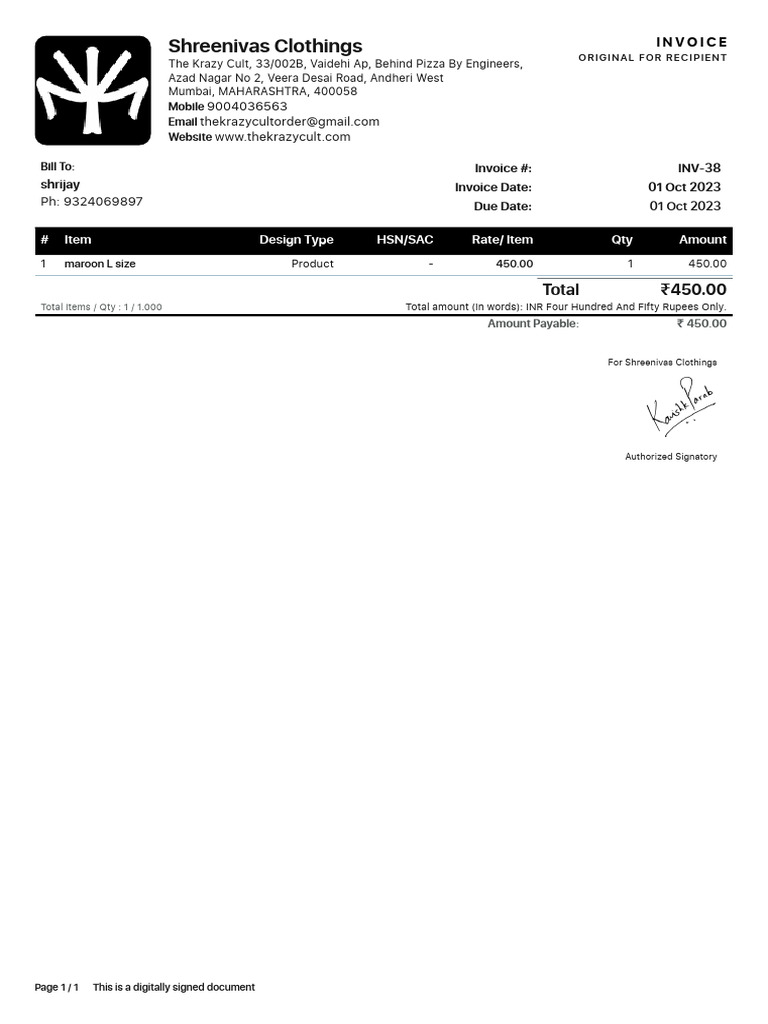 Invoice-The Krazy Cult-INV-38 | PDF