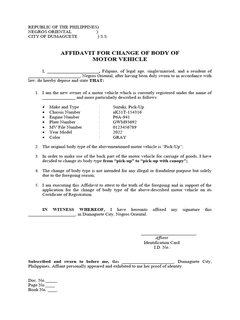 Affidavit of Change of Body Type of Motor Vehicle | PDF