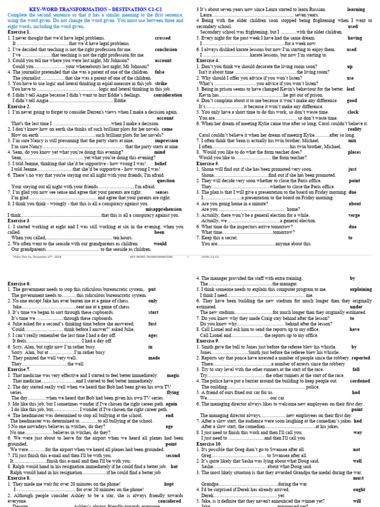 C1-C2 Key Word Transformation Exercises | PDF