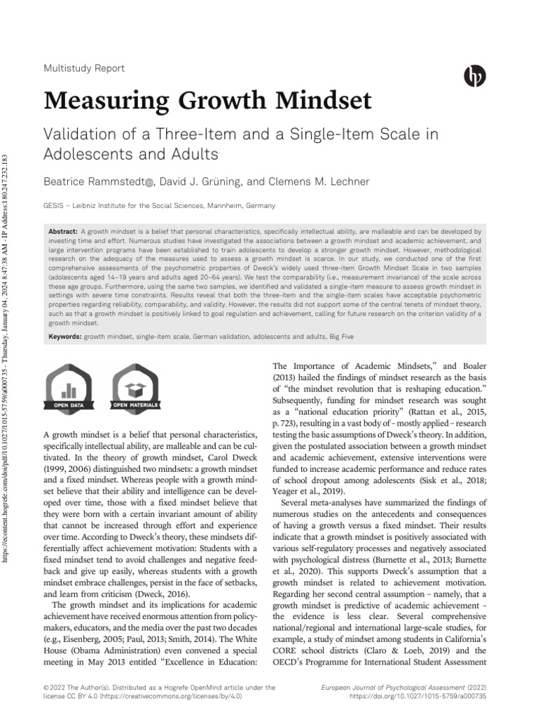 Rammstedt Et Al 2022 Measuring Growth Mindset | PDF | Mindset | Psychometrics