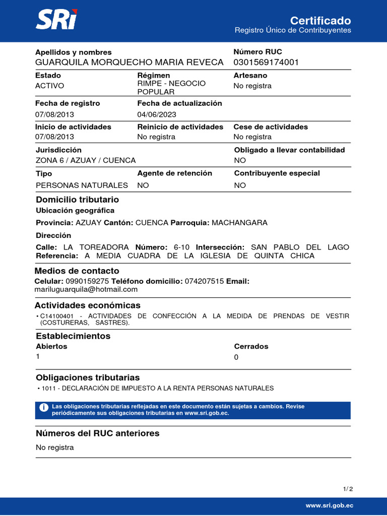 Certificado: Guarquila Morquecho Maria Reveca 0301569174001 | PDF