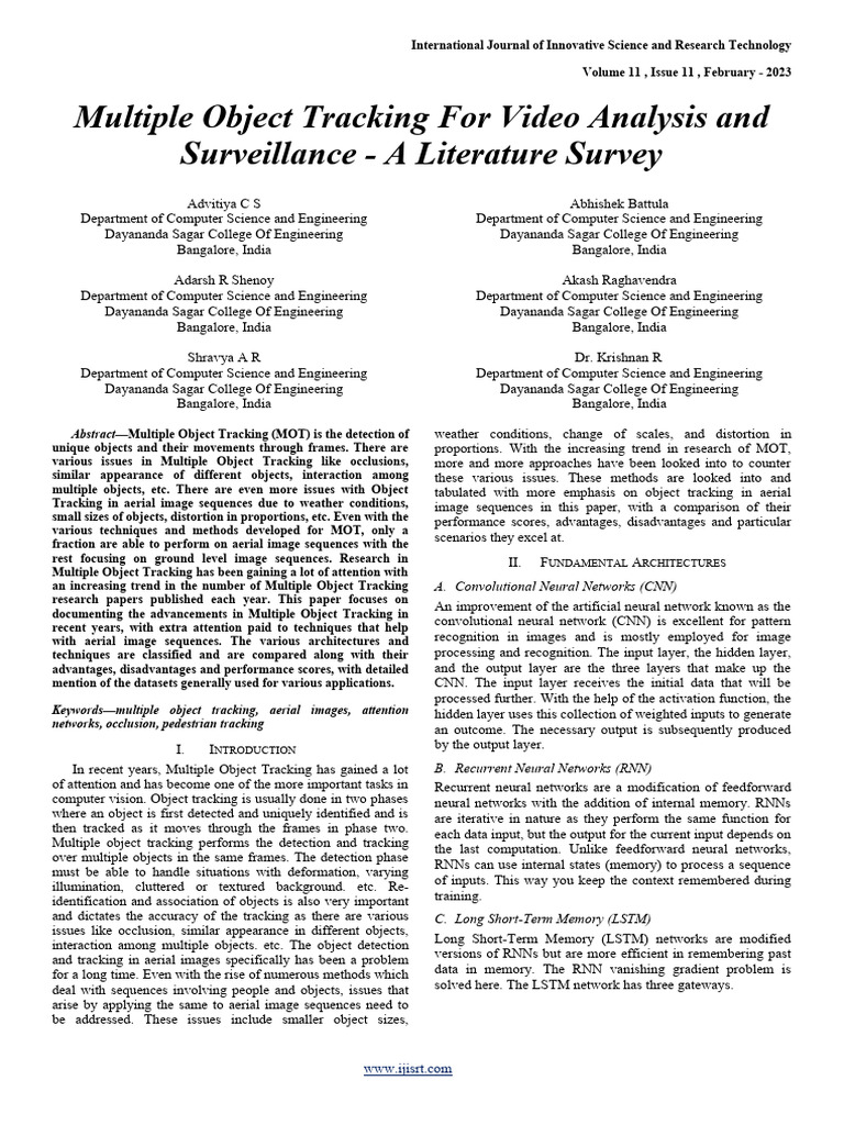 Multiple Object Tracking In Video Analysis And Surveillance A Literature Survey 2 Pdf