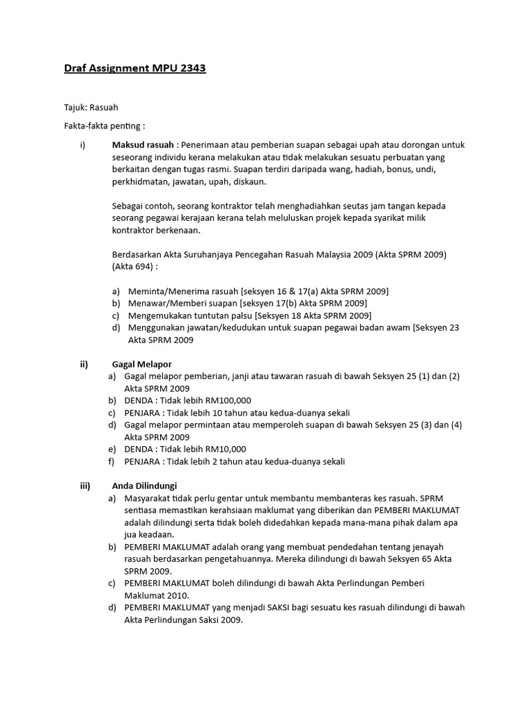 Draf Assignment MPU 2343: Maksud Rasuah: Penerimaan Atau Pemberian Suapan Sebagai Upah Atau ...
