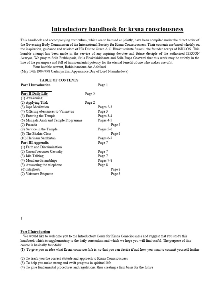 Introductory Handbook For Krishna Consciousness | PDF