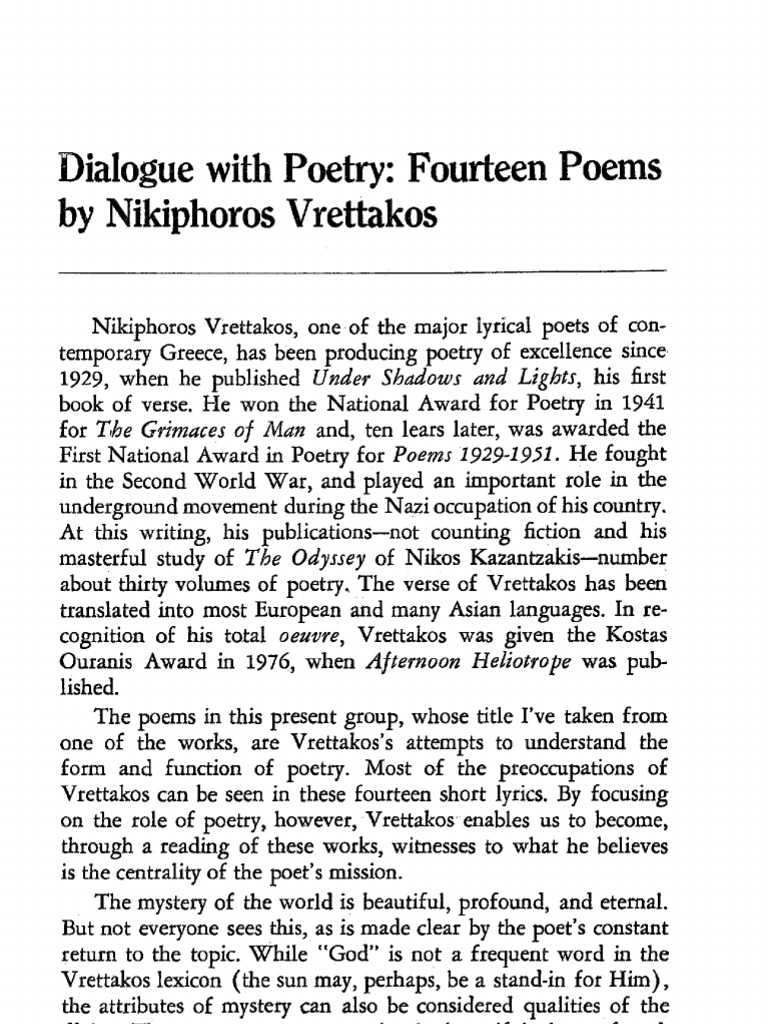 Dialogue With Poetry: Fourteen Poems by Nikiphoros Vrettakos | PDF ...
