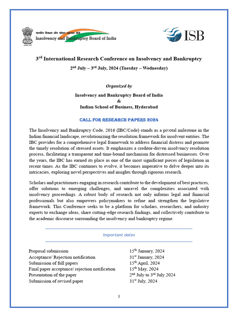 IBC Conference - IBBI and ISB-2nd and 3rd July 2024 | PDF | Bankruptcy ...