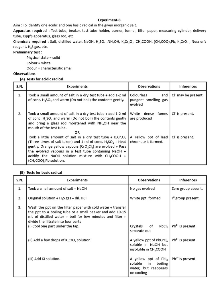 Acidic and Basic Radical Analysis | PDF | Salt (Chemistry) | Sulfuric Acid