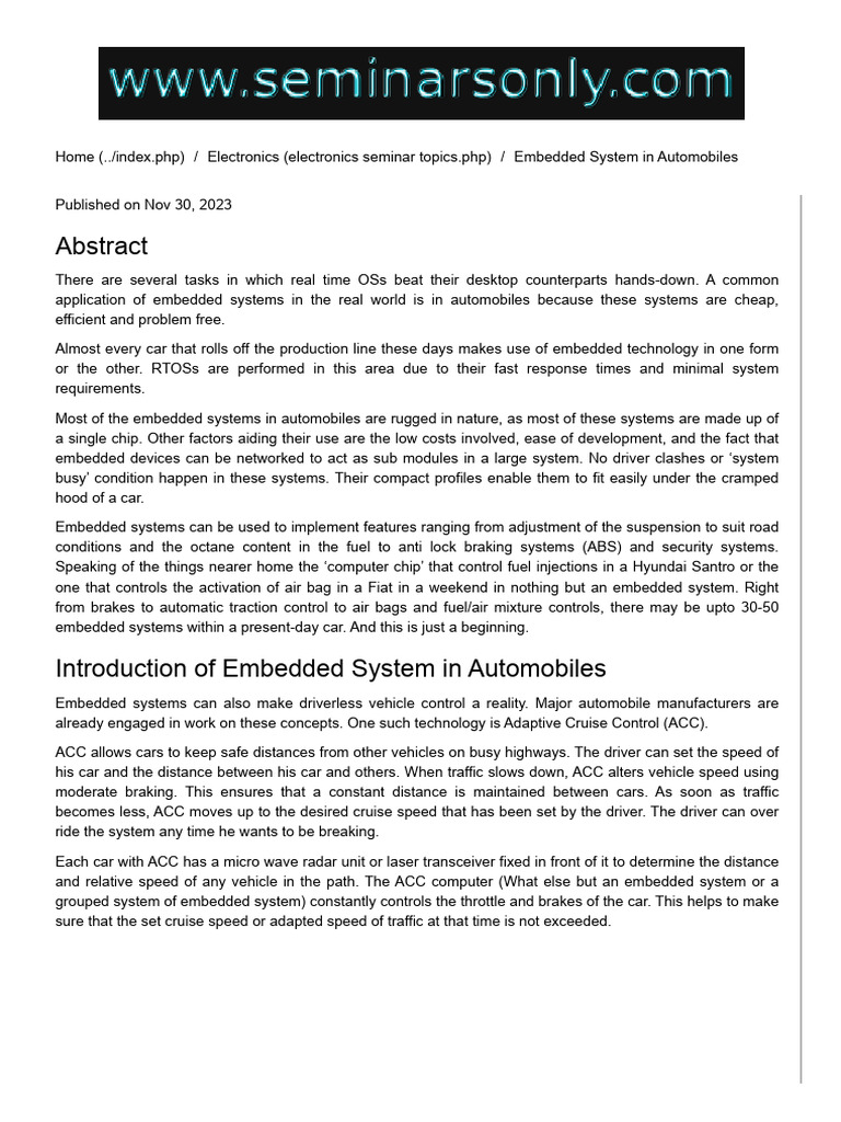 Embedded System in Automobiles - Seminar Report, PPT, PDF For ECE ...