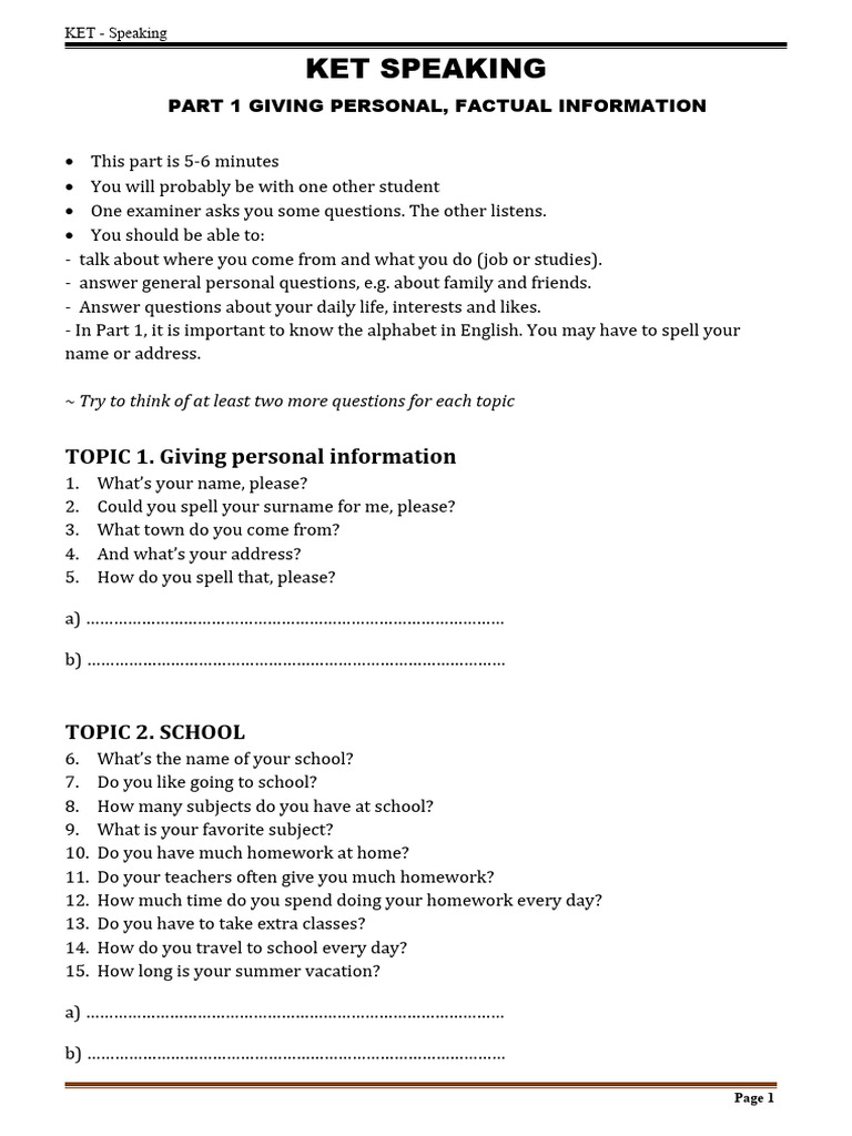 KEY Speaking Part 1 Questions | PDF | Lunch | Meal