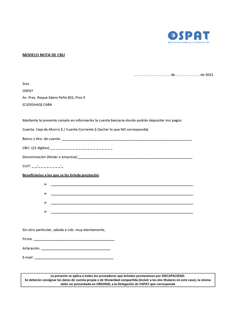 Formulario Modelo NOTA DE CBU de Prestador | PDF | Negocios