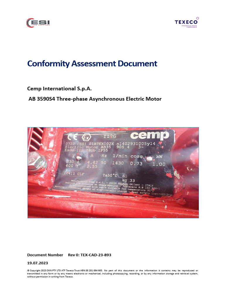 Tex-Cad-23-893 - Cemp Motor - Cesi 01 Atex 102x Rev 0 | PDF | International Electrotechnical ...