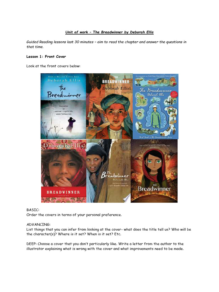 Unit of Work The Breadwinner by Deborah Ellis. Guided Reading Lessons ...