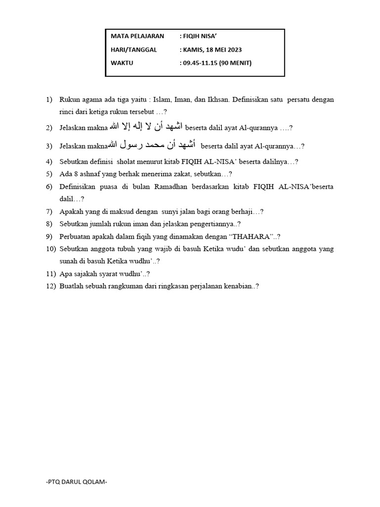 Soal Fiqh Nisa | PDF | Politik | Olahraga & Rekreasi
